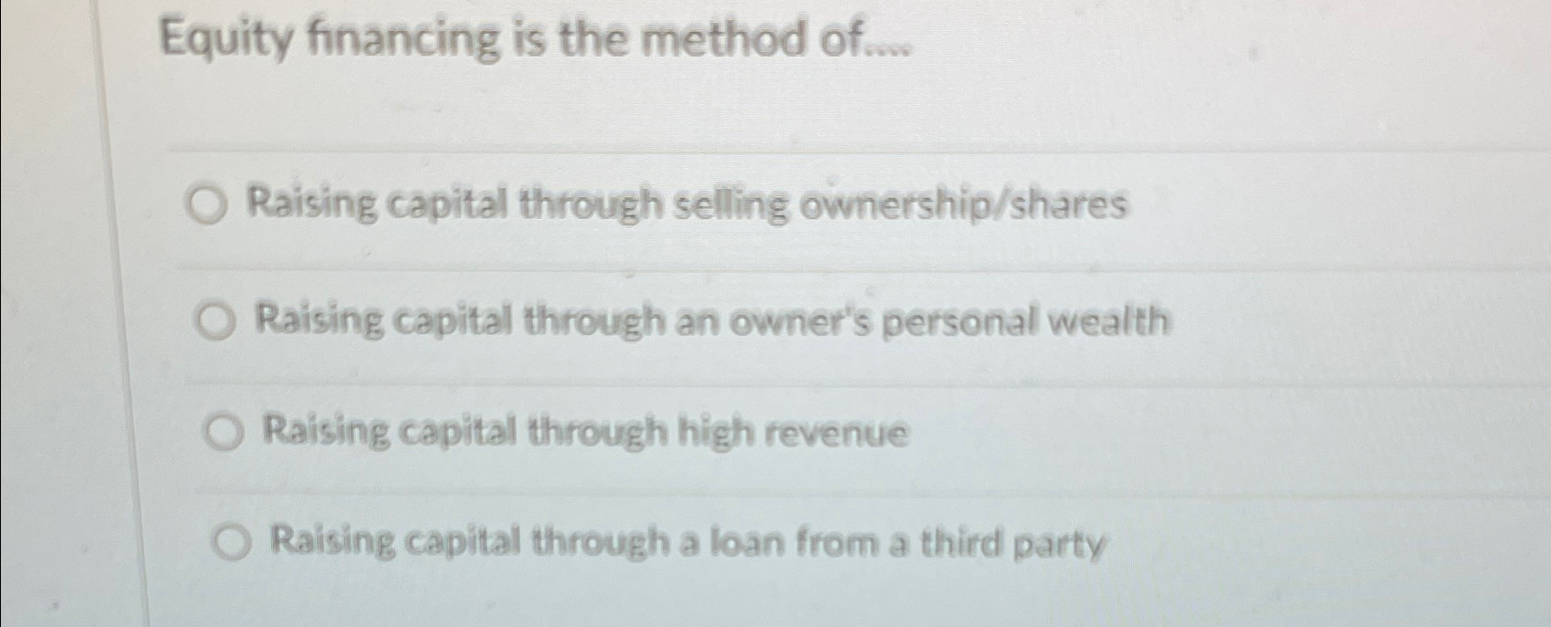 Solved Equity financing is the method of....Raising capital | Chegg.com