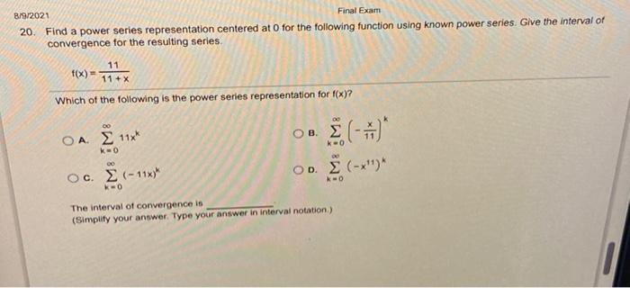 Solved 20. Find a power series representation centered at 0 | Chegg.com