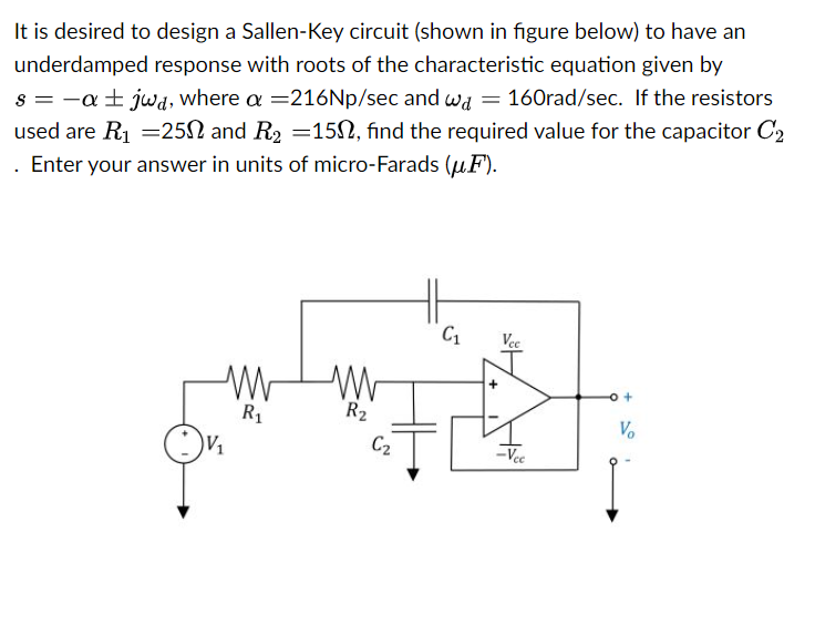 Solved It is desired to design a Sallen-Key circuit (shown | Chegg.com