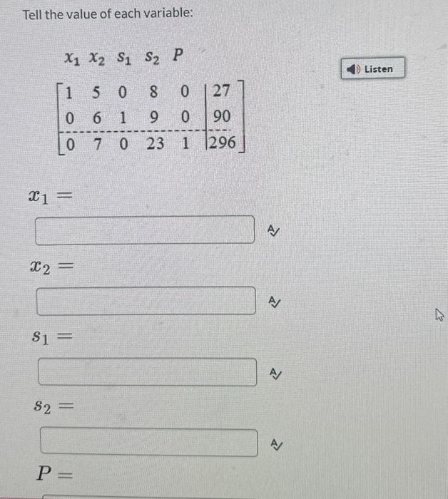 Solved Tell the value of each variable: 1 2 $1 82 X1 X₂ S₁ | Chegg.com