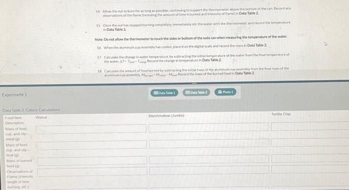 Experiment 1 Data Table 2: Caloric Calculations Food | Chegg.com
