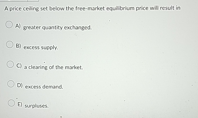 Solved A price ceiling set below the free-market equilibrium | Chegg.com