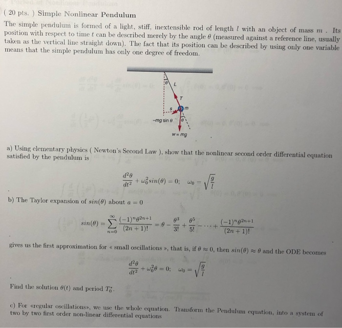 Solved ( 20 pts. ) Simple Nonlinear Pendulum The simple | Chegg.com
