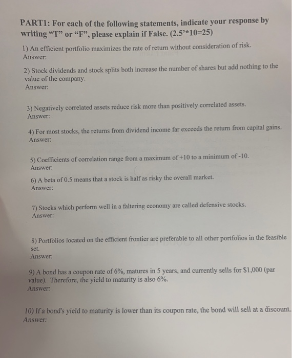 Solved PART1: For each of the following statements, indicate | Chegg.com