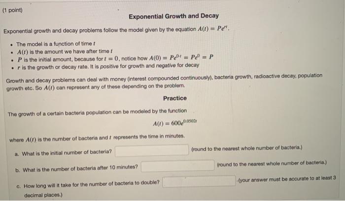 Solved (1 point) Exponential Growth and Decay Exponential | Chegg.com