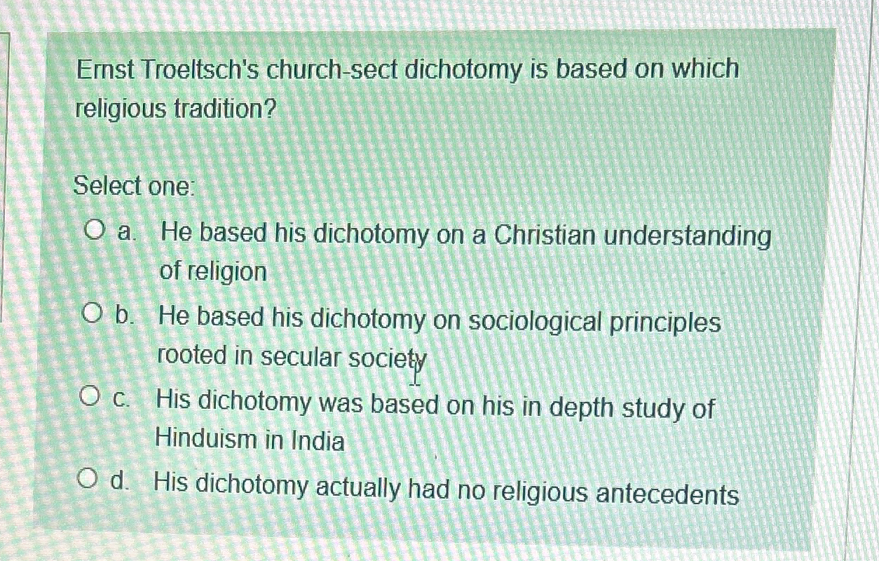 Solved Enst Troeltsch's church-sect dichotomy is based on | Chegg.com