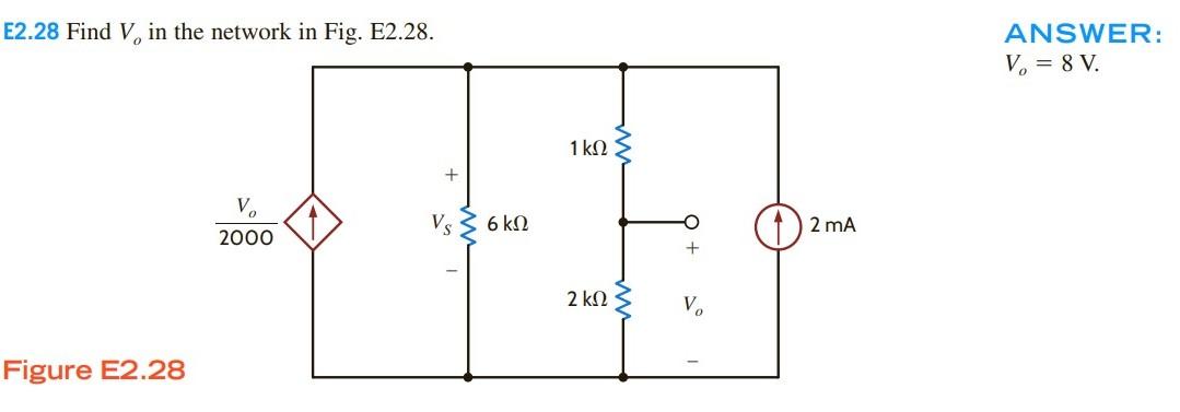 Solved E2.28 Find Vo in the network in Fig. E2.28. ANSWER: | Chegg.com