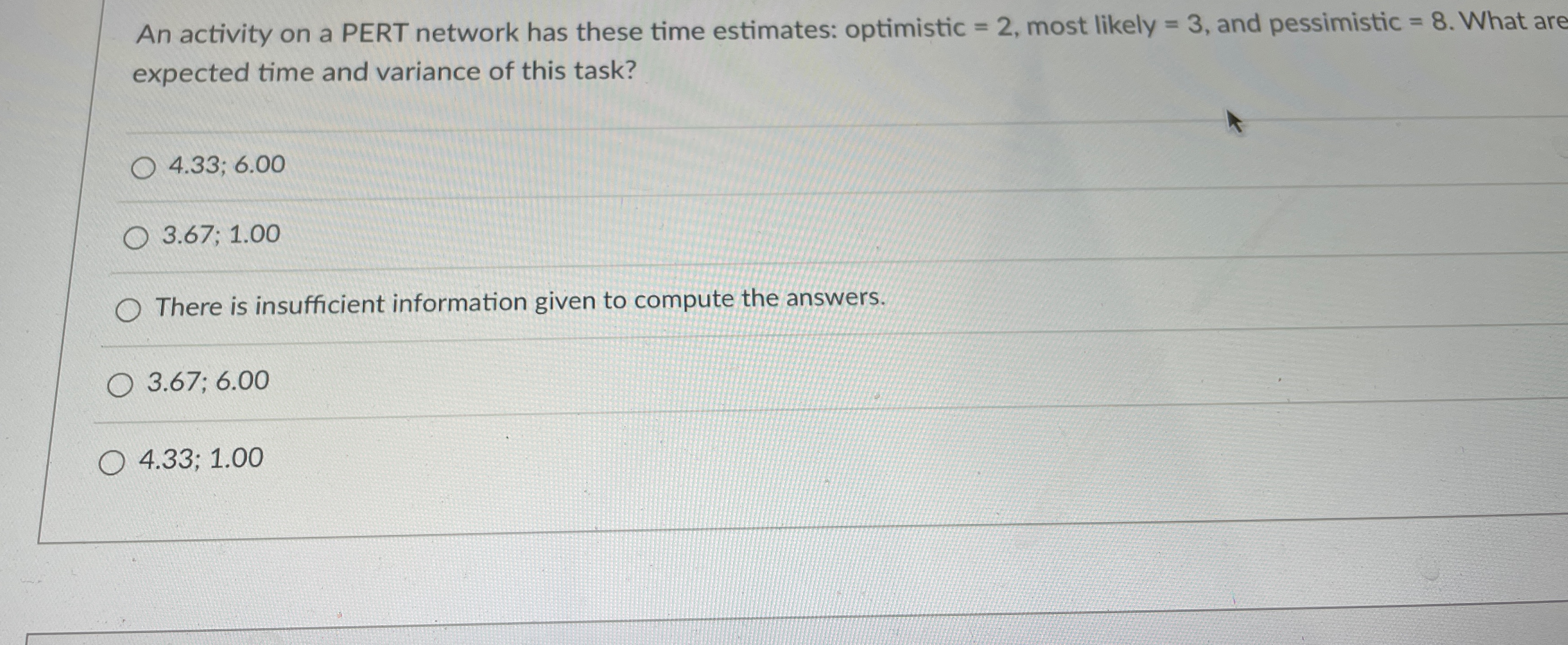 Solved An activity on a PERT network has these time | Chegg.com