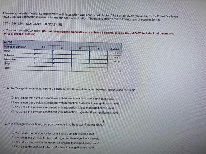 Solved A two-way analysis of variance experiment with | Chegg.com