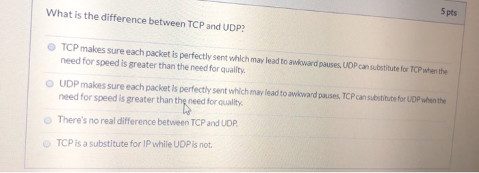 Solved What is the difference between TCP and UDP? 5 pts TCP | Chegg.com