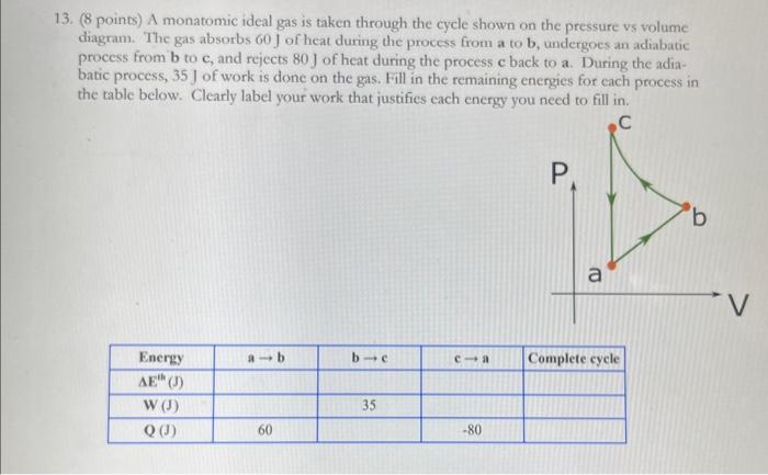 Solved 13. ( 8 points) A monatomic ideal gas is taken | Chegg.com