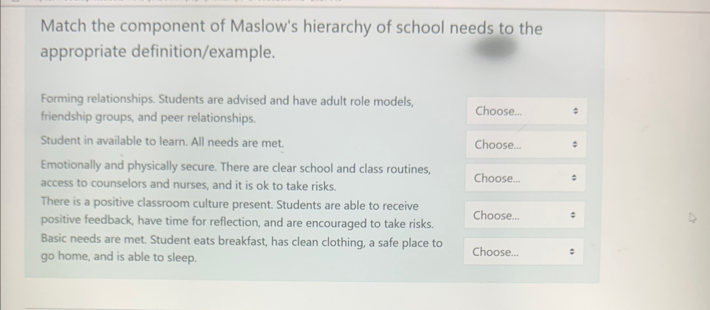 Solved Match the component of Maslow's hierarchy of school | Chegg.com