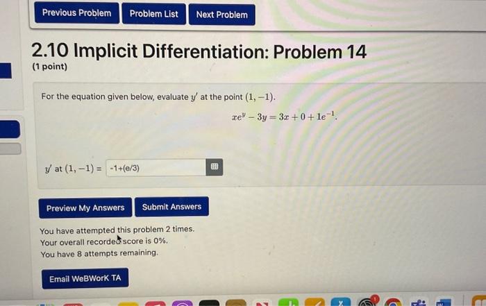 Solved 2.10 Implicit Differentiation: Problem 14 (1 point) | Chegg.com