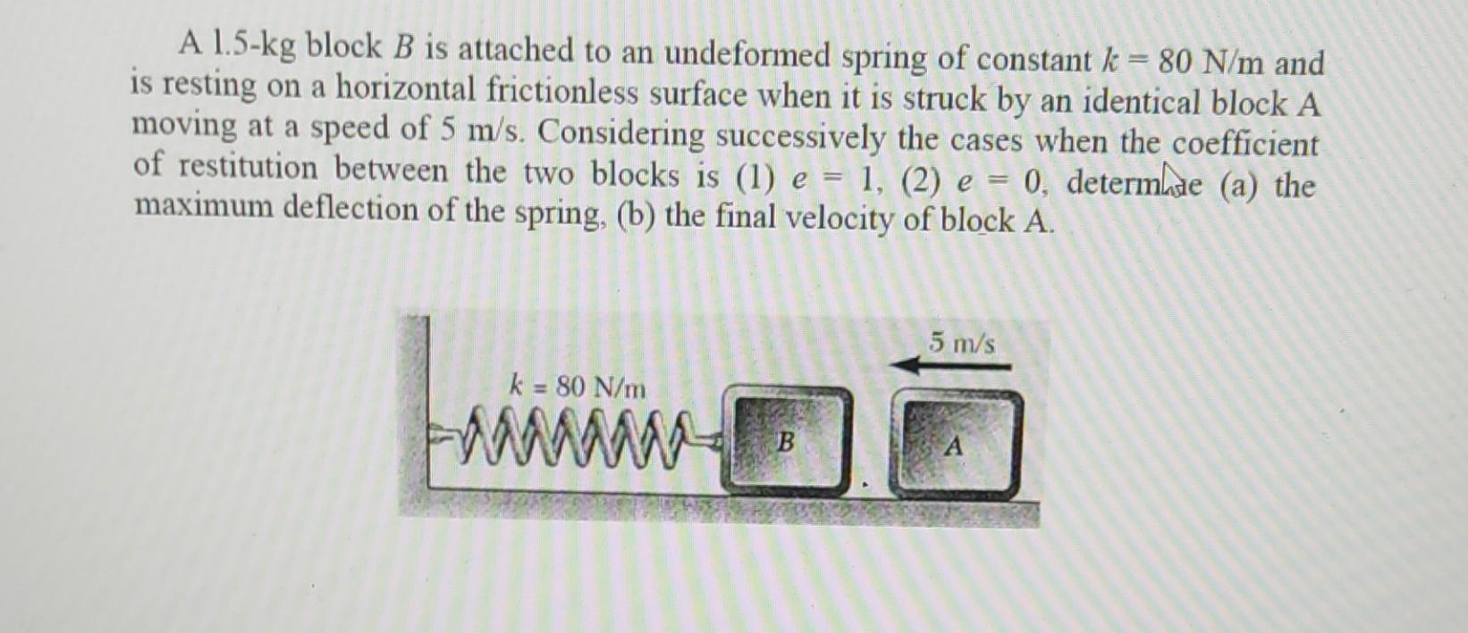 Solved A 1.5−kg block B is attached to an undeformed spring | Chegg.com