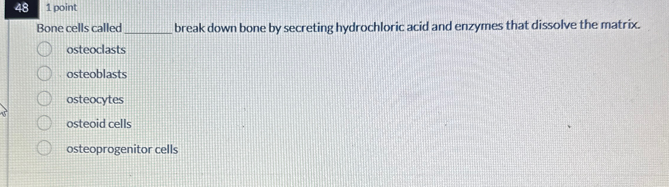 Solved 481 ﻿pointBone cells calledbreak down bone by | Chegg.com