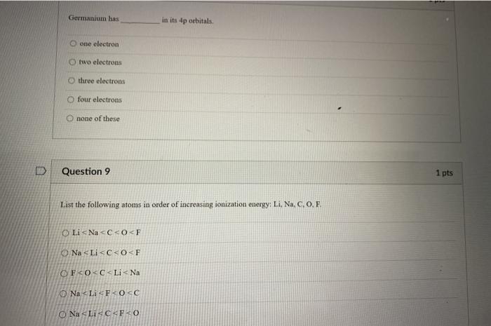 Solved Germanium has in its 4p orbitals one electron two | Chegg.com