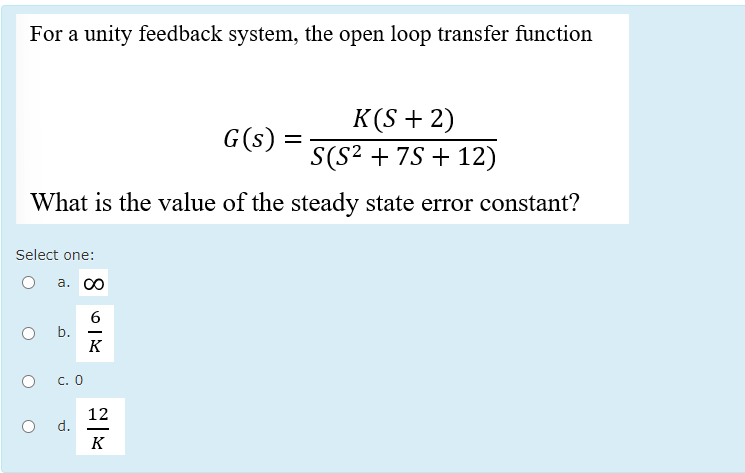 Solved For a unity feedback system, the open loop transfer | Chegg.com