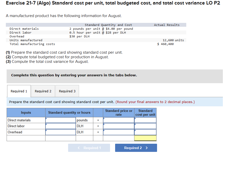 Solved Exercise 21-7 (Algo) ﻿Standard cost per unit, total | Chegg.com