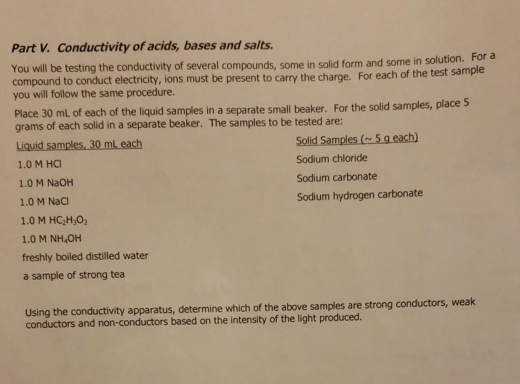 Solved Part V. Conductivity of acids, bases and salts. You | Chegg.com