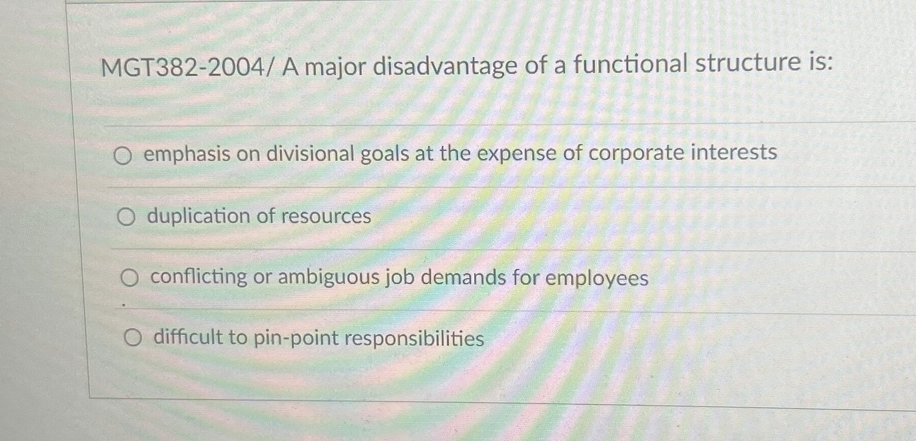 Solved MGT382-2004/ ﻿A major disadvantage of a functional | Chegg.com
