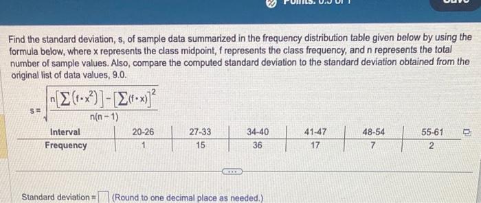Solved Find the standard deviation, s, of sample data | Chegg.com