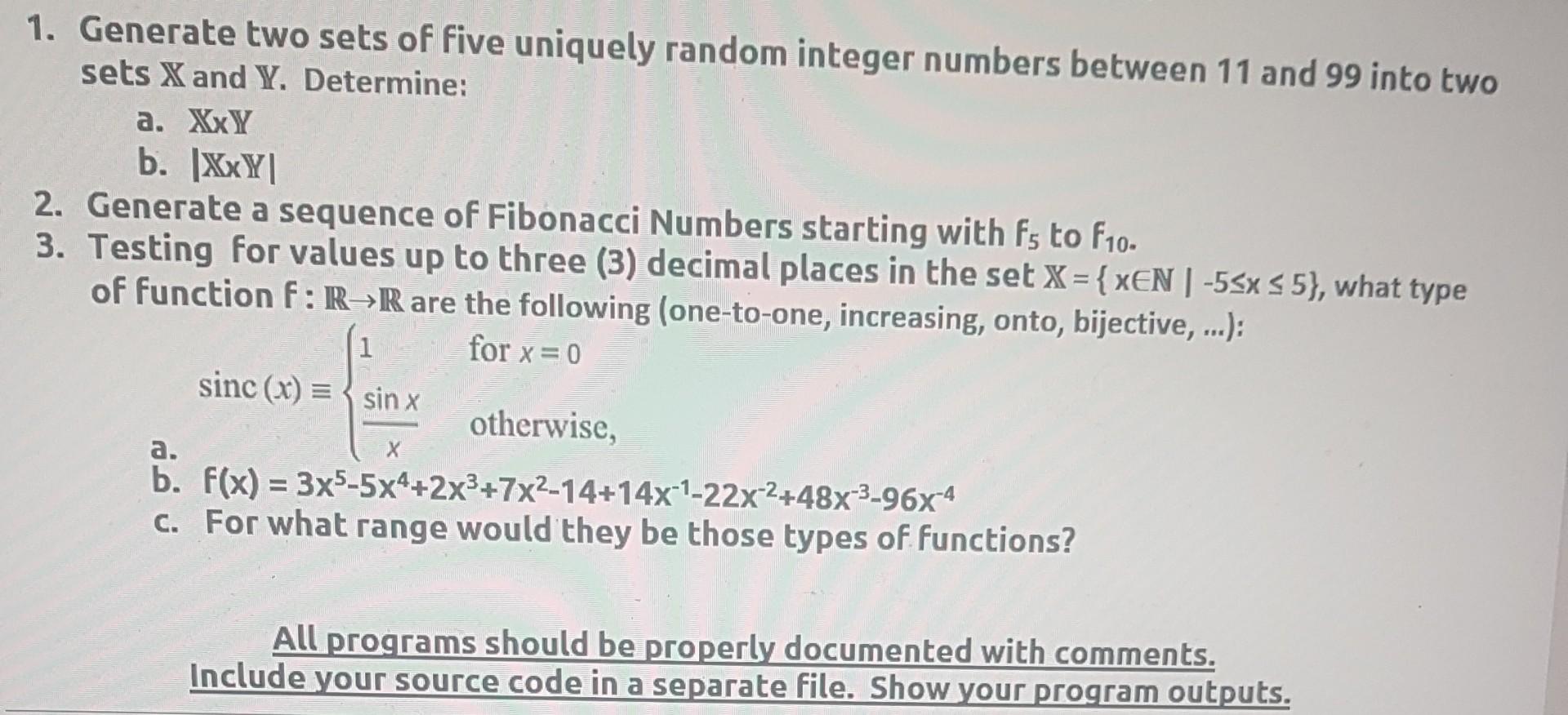 Solved 1. Generate two sets of five uniquely random integer | Chegg.com