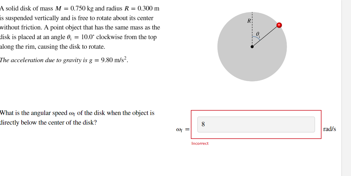 Solved A solid disk of mass M=0.750kg ﻿and radius R=0.300mis | Chegg.com