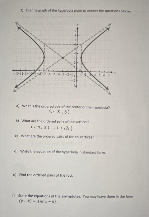 2) Use the graph of the hyperbola given to answer the | Chegg.com