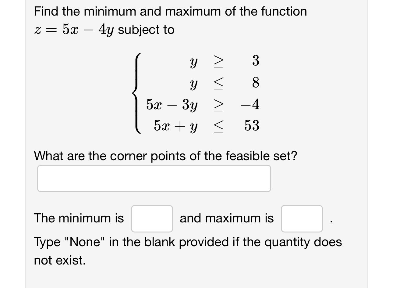Find the minimum and maximum of the function z=5x-4y | Chegg.com