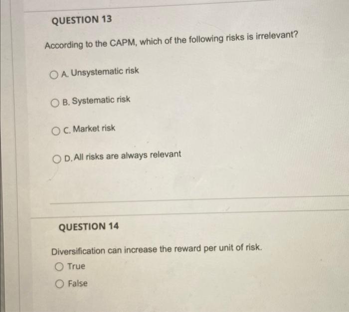 Solved According to the CAPM, which of the following risks | Chegg.com