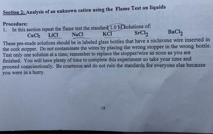 Section 2: Analysis of an unknown cation using the | Chegg.com