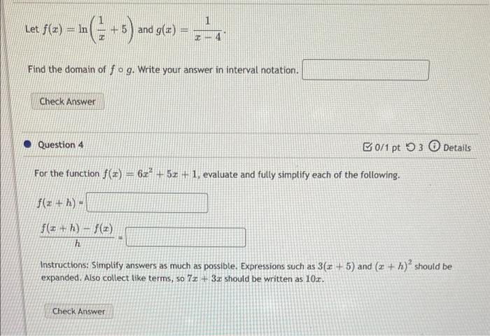 Solved Let f(x)=ln(x1+5) and g(x)=x−41 Find the domain of f | Chegg.com