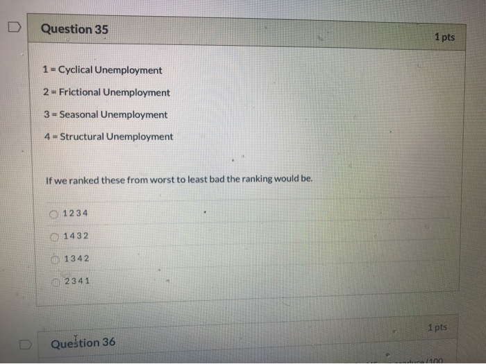 Solved Question 35 1 pts 1 - Cyclical Unemployment 2 - | Chegg.com