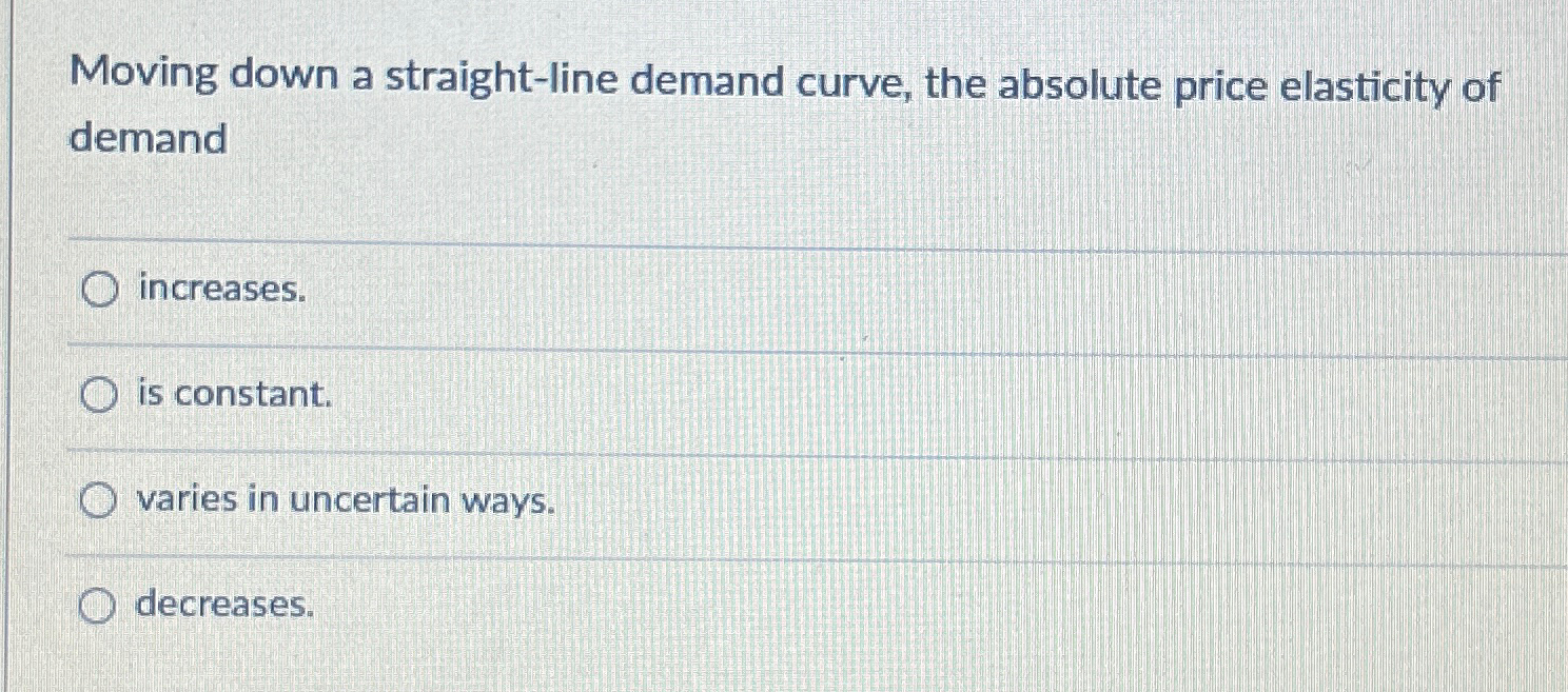 Solved Moving down a straight-line demand curve, the | Chegg.com