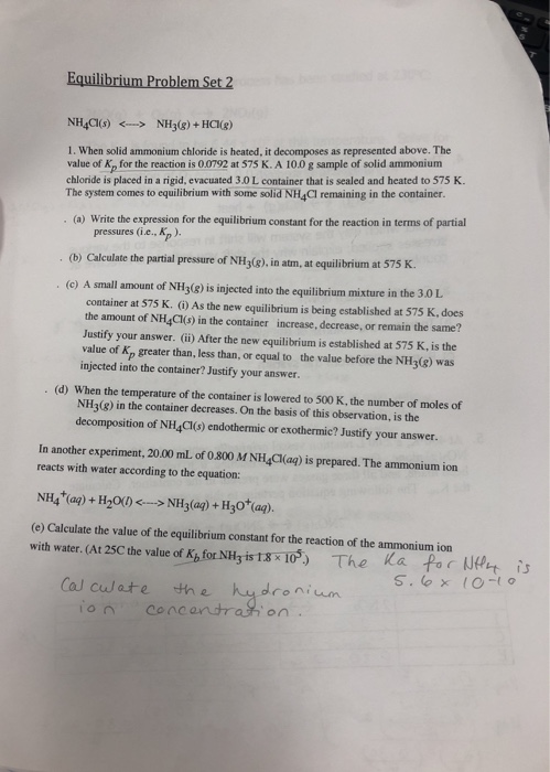 Solved Equilibrium Problem Set 2 NH4Cl(s) NH3() + HCl() | Chegg.com