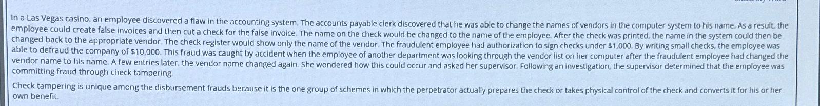 Solved committing fraud through check tampering. own | Chegg.com