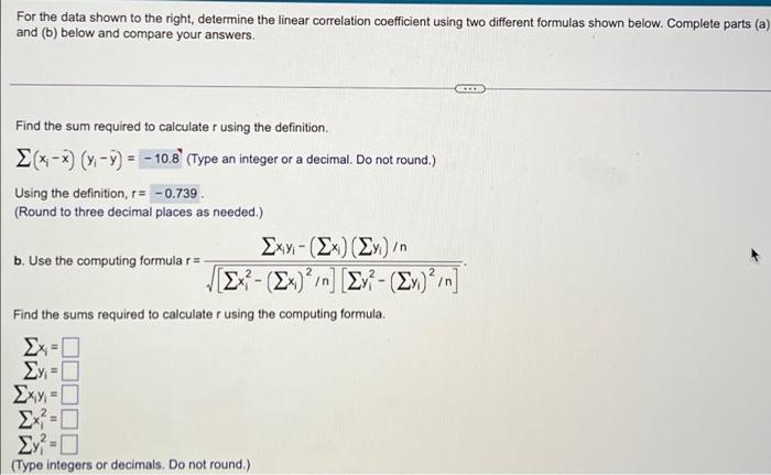 Solved For the data shown to the right, determine the linear | Chegg.com