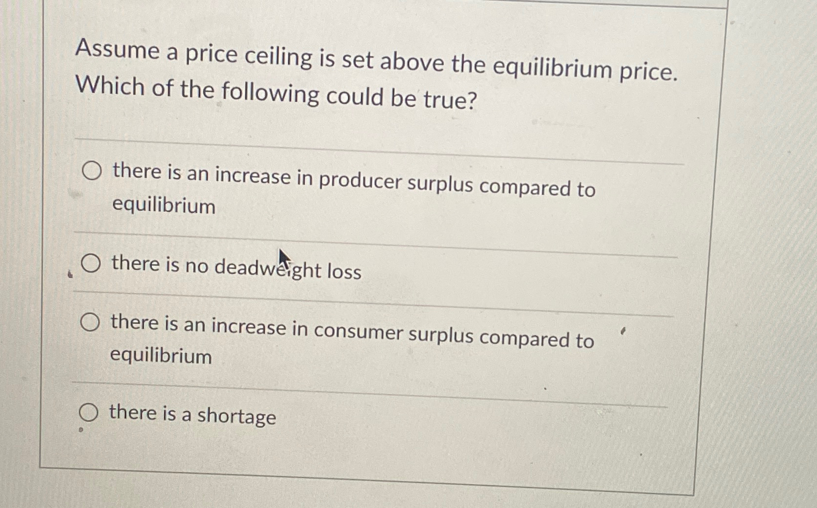 Solved Assume a price ceiling is set above the equilibrium | Chegg.com