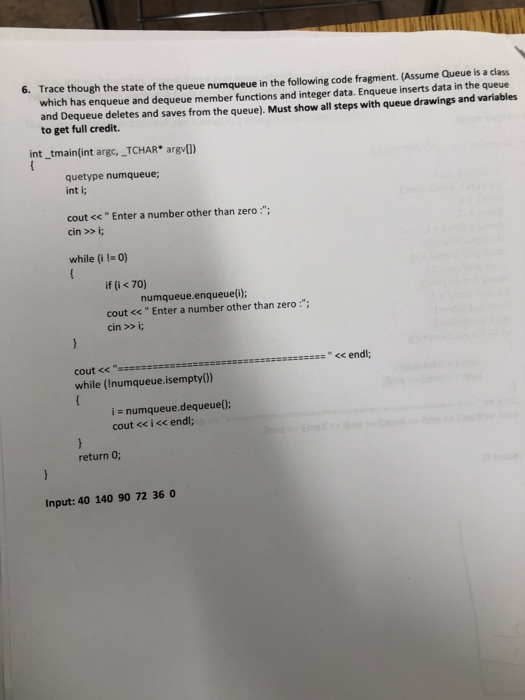 Solved 6. Trace though the state of the queue numqueue in | Chegg.com