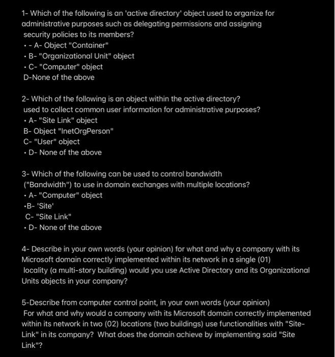 Solved 1- Which of the following is an 'active directory' | Chegg.com