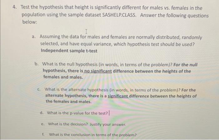 Solved Test the hypothesis that height is significantly | Chegg.com