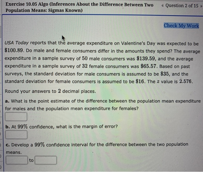 Solved Exercise 10.05 Algo (Inferences About the Difference | Chegg.com
