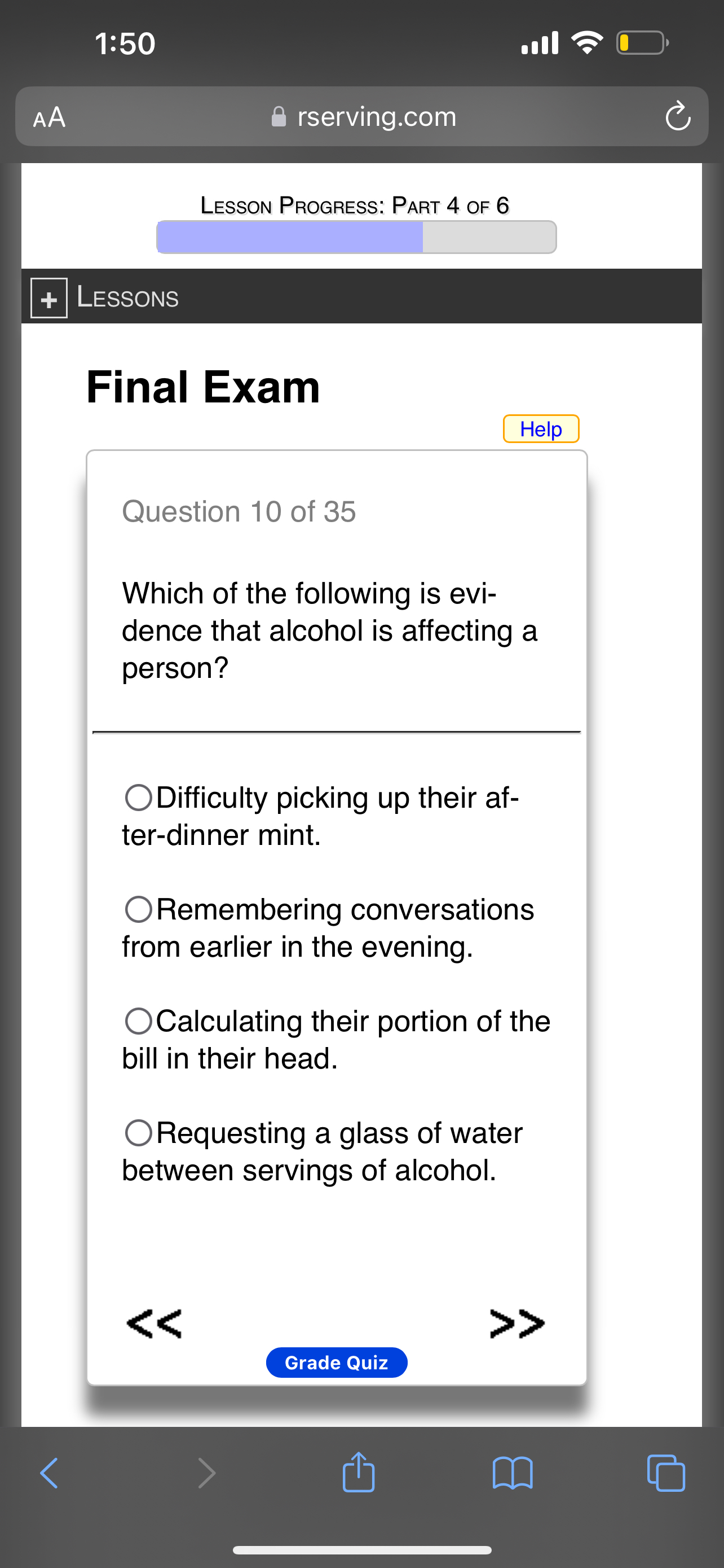 Solved 1:50AArserving.comLesson Progress: Part 4 ﻿of | Chegg.com