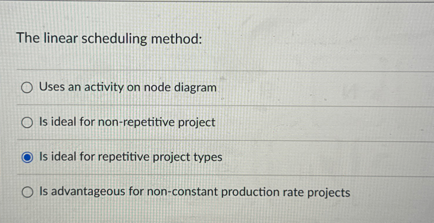 Solved The linear scheduling method:Uses an activity on node | Chegg.com