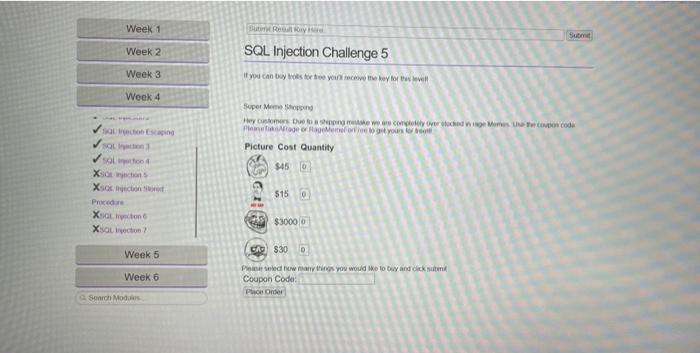 Week 1 Sube Week 2 SQL Injection Challenge 5 Week 3 | Chegg.com