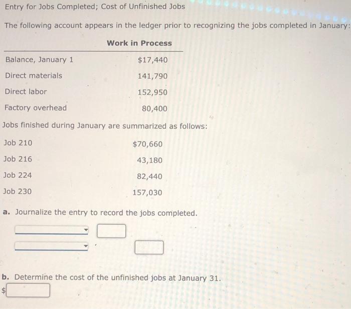 Solved Entry for Jobs Completed; Cost of Unfinished Jobs The | Chegg.com