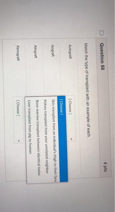 Solved 4 pts Question 58 Match the type of transplant with | Chegg.com