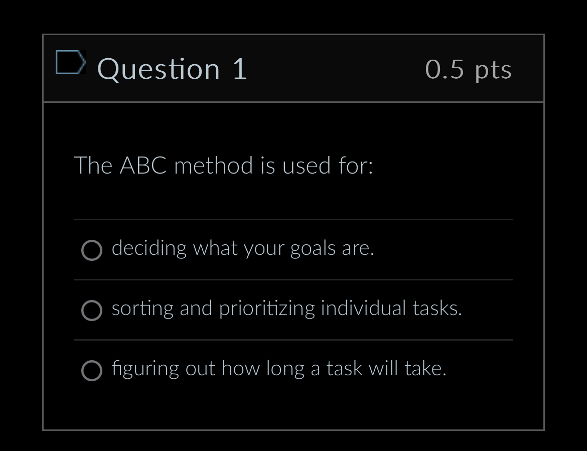 Solved Question 10.5ptsThe ABC method is used for:deciding | Chegg.com