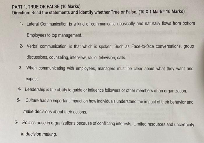 Solved PART 1. TRUE OR FALSE (10 Marks) Direction: Read the | Chegg.com