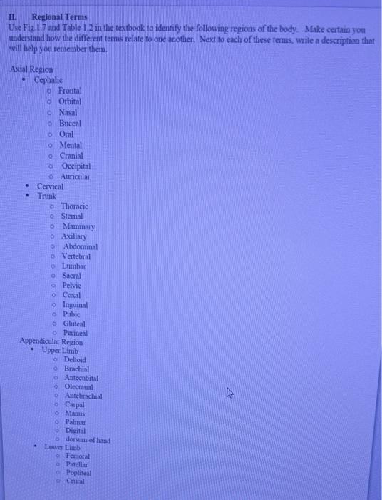 Solved II. Regional Terms Use Fig. 1.7 and Table 1.2 in the | Chegg.com